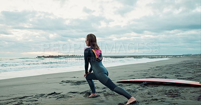 Surfer woman, stretching legs and beach with back, ready and workout ...