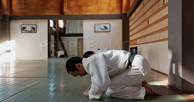 Asian man, sensei and bow in dojo class for respect, greeting or honor ...