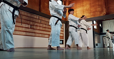 Students learning aikido, fitness and martial arts training class for ...