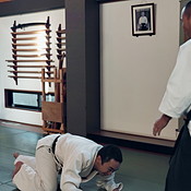 Aikido, sensei and fight with master in martial arts with student in ...