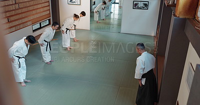 Asian man, sensei and bow in dojo class for respect, greeting or honor ...