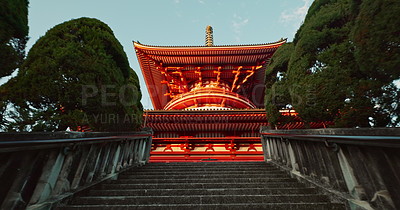 Japanese temple, stairs and architecture with religion and traditional ...