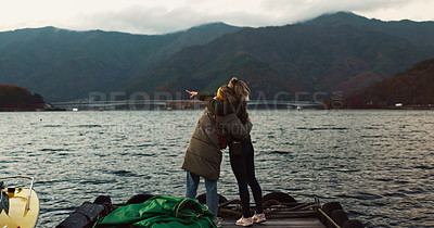 Women friends, hug and back at beach with care, love and outdoor with ...