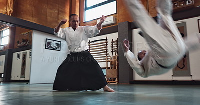 Aikido, master and fight with a sensei in martial arts with student of ...