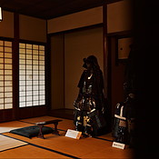 Japan, Samurai suit and wood furniture in living room with retro and ...