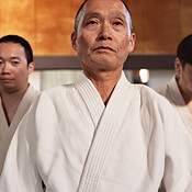 Black belt students, bow or sensei in class for aikido practice ...