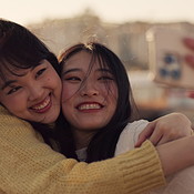 Friends, women and hug with selfie, Japanese influencer team outdoor ...