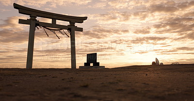 Torii gate, sunset sky in Japan and clouds with zen, spiritual history ...