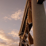 Torii gate, sunset and sky in Japan with clouds, zen and spiritual ...