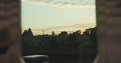 Train window, travel and view on buildings, trees and sky background ...