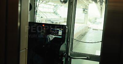 Train, driver and subway cockpit of transport service or control panel ...
