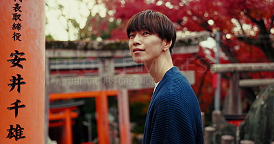 Japanese man, Fushimi Inari shrine and shinto religion for thinking ...