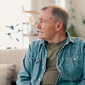 Home, thinking and sad with old man, depression and memory with ...