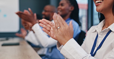 Healthcare, applause and group of doctors meeting with congratulations ...