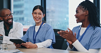 Healthcare, applause and group of doctors meeting with congratulations ...