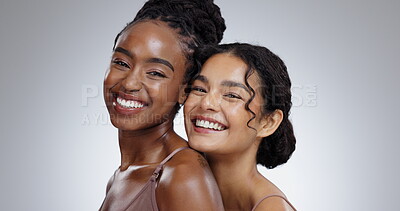 Women, face and skincare with laughing in studio with facial treatment ...