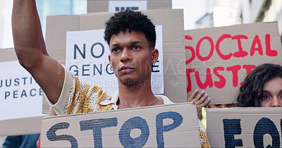 Protest, people and group in a street, posters and equal rights with ...