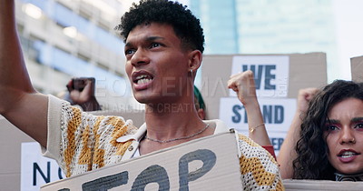 Protest, people and group with posters, screaming and equal rights with ...
