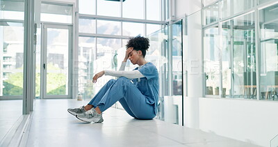 Nurse, stress and woman with depression in hospital for fail, mistake ...