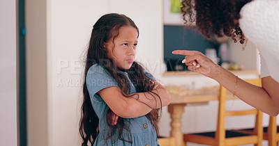 Angry mom, girl child and discipline for writing on wall, shouting and ...