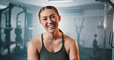 Gym, happiness and face of woman confident in fitness club ...