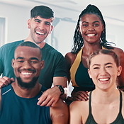 Gym people, face or friends smile for fitness teamwork, bodybuilding ...