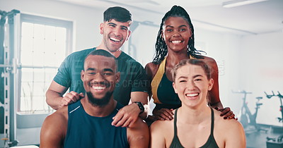 Gym people, face or friends smile for fitness teamwork, bodybuilding ...