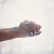 Sports, hands and closeup of man with chalk for weightlifting training ...