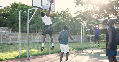Sports, back pain and injury with black man on basketball court for ...