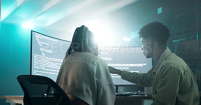 People, monitor and computer at night for programming, coding or algorithm in teamwork at office ...