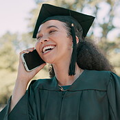 Graduation, woman and happy with phone call at college for announcement ...