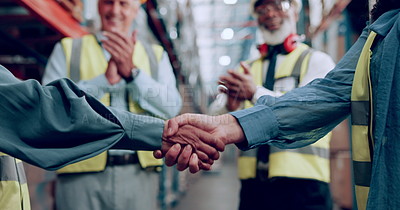 Shaking hands, agreement and partnership with people in logistics ...