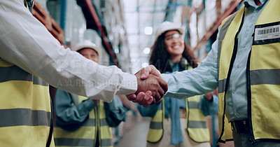 Shaking hands, agreement and partnership with people in logistics ...