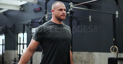 Fitness, power and man in gym skipping for health, wellness and body ...