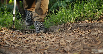 Walking stick, feet and man hiking in nature on trail for adventure ...