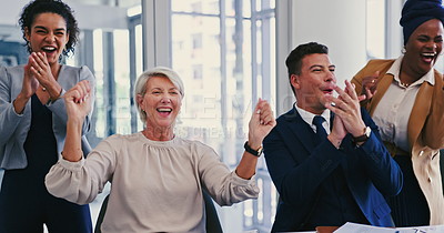 Excited, business people and applause for congratulations, promotion or ...