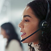 Face, virtual assistant or woman in call center for communication ...
