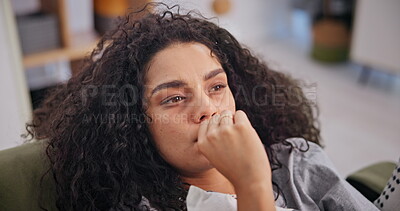 Woman, frustrated and depression on couch in home with schizophrenia ...