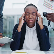 Woman, overwhelmed and busy with hands in office for phone call ...