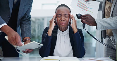 Woman, overwhelmed and busy with hands in office for phone call ...