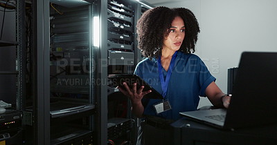 Tablet, engineer and woman on laptop in server room for cyber security ...