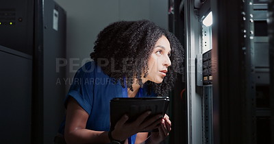 Check, engineer and woman on tablet in data center for cyber security ...