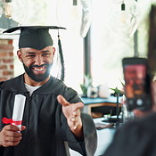 Graduate, students and excited with photography in home with diploma ...