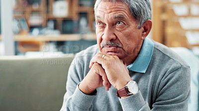 Senior man, thinking and sad in living room with memory, grief and retirement home with anxiety ...