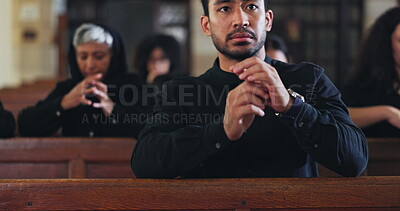 Sad, man and praying in church with faith at funeral, service and ...