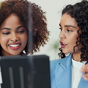 Teamwork, tablet and business women with notes in office for planning ...