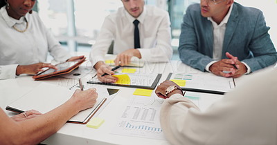 Business hands, documents and teamwork with statistics, data analysis and sticky note ideas for ...