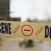 Crime scene, robbery and tape in house for evidence, investigation and ...