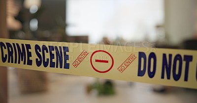 Crime scene, robbery and tape in house for evidence, investigation and ...