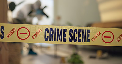 Crime scene tape, photography and people in house for evidence ...